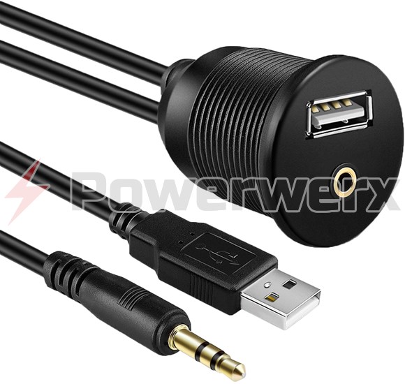 Powerwerx Panel Mount Combination USB 2.0 and 3.5mm Stereo Jack with 6 ...